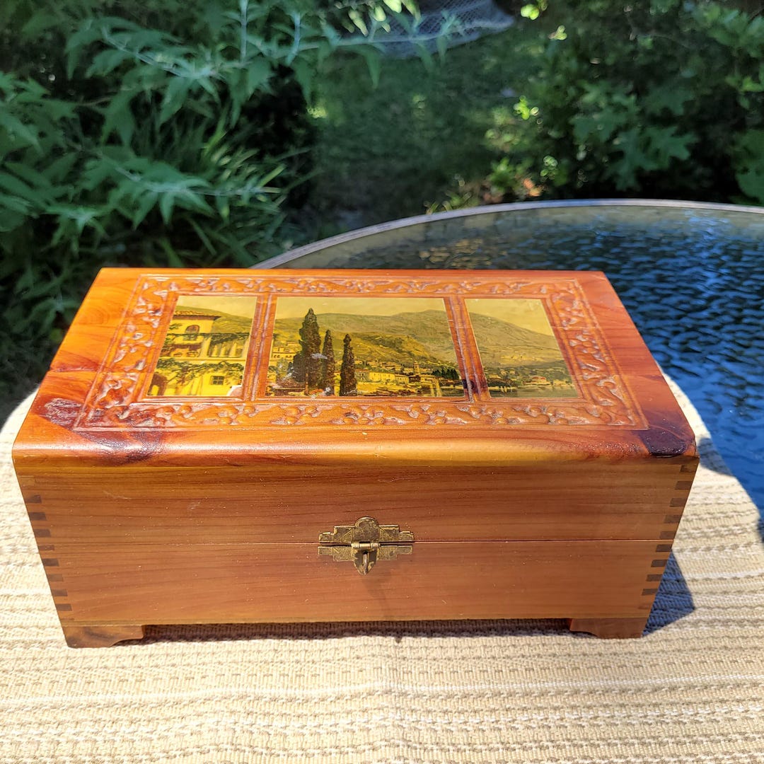 Cedar Jewelry Box / Treasure Chest With Mirror Features Decoupage ...