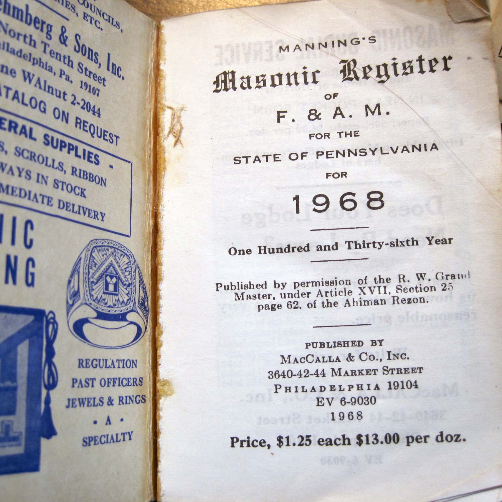 Two Manning's Masonic Registers 1922 and 1968 F & A M for - Etsy