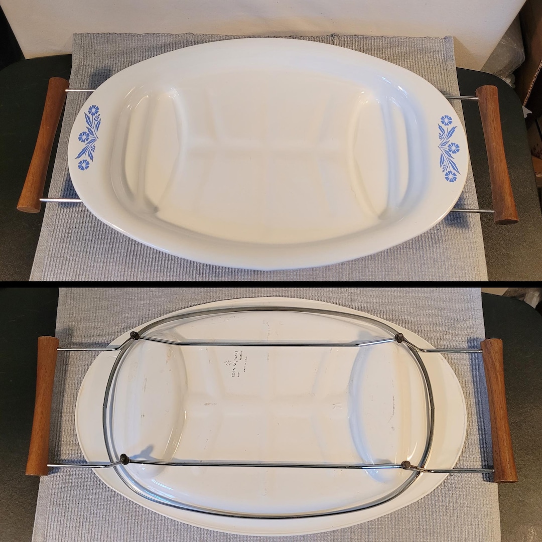 Vintage Corning Ware P-19 Platter Blue Cornflower Oval With Teak Wooden ...