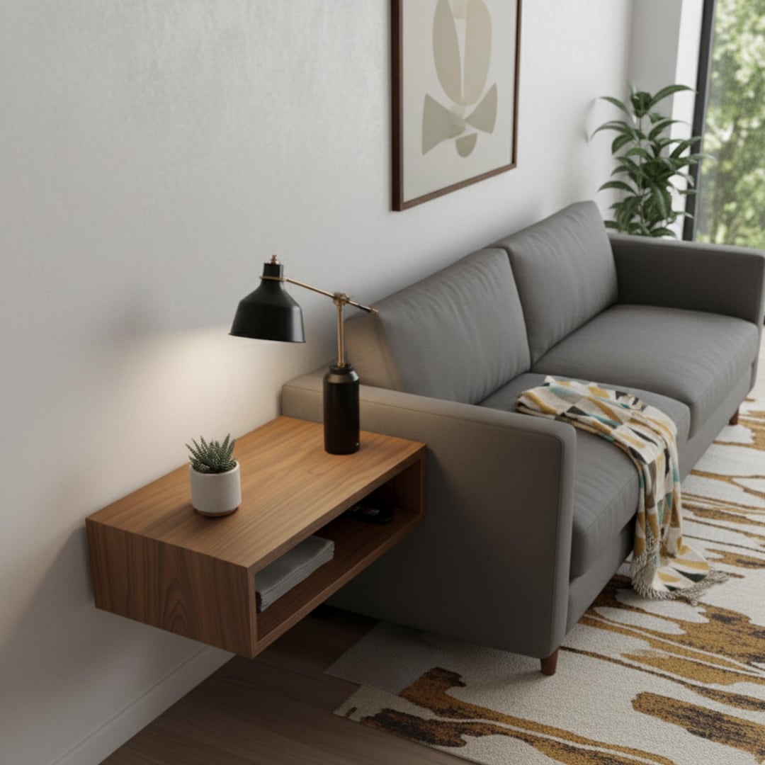 Walnut Minimal Floating End Table, Wall Mounted Side Table With Open ...