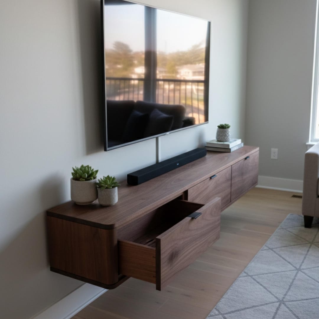 Solid Hardwood Floating Media Console, Available in Maple, Walnut ...