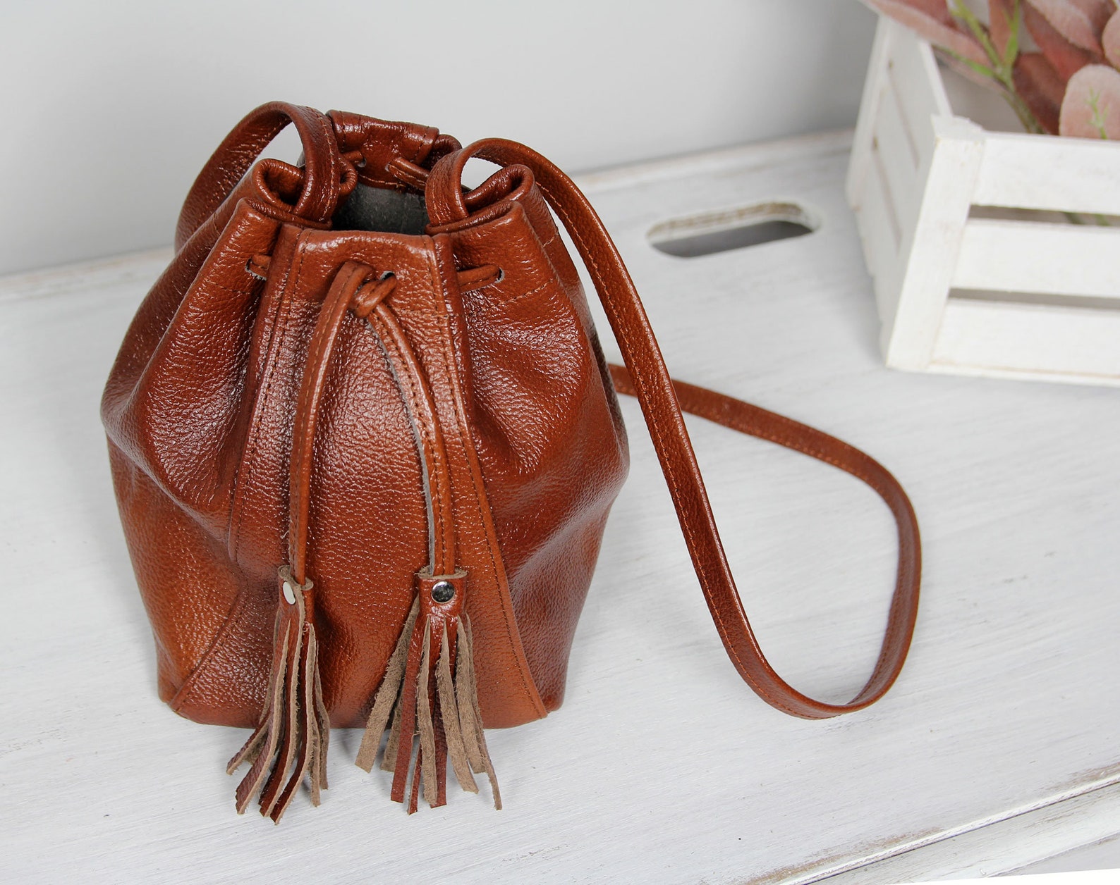 Small Brown Leather Shoulder Bag Leather Bucket Bag - Etsy