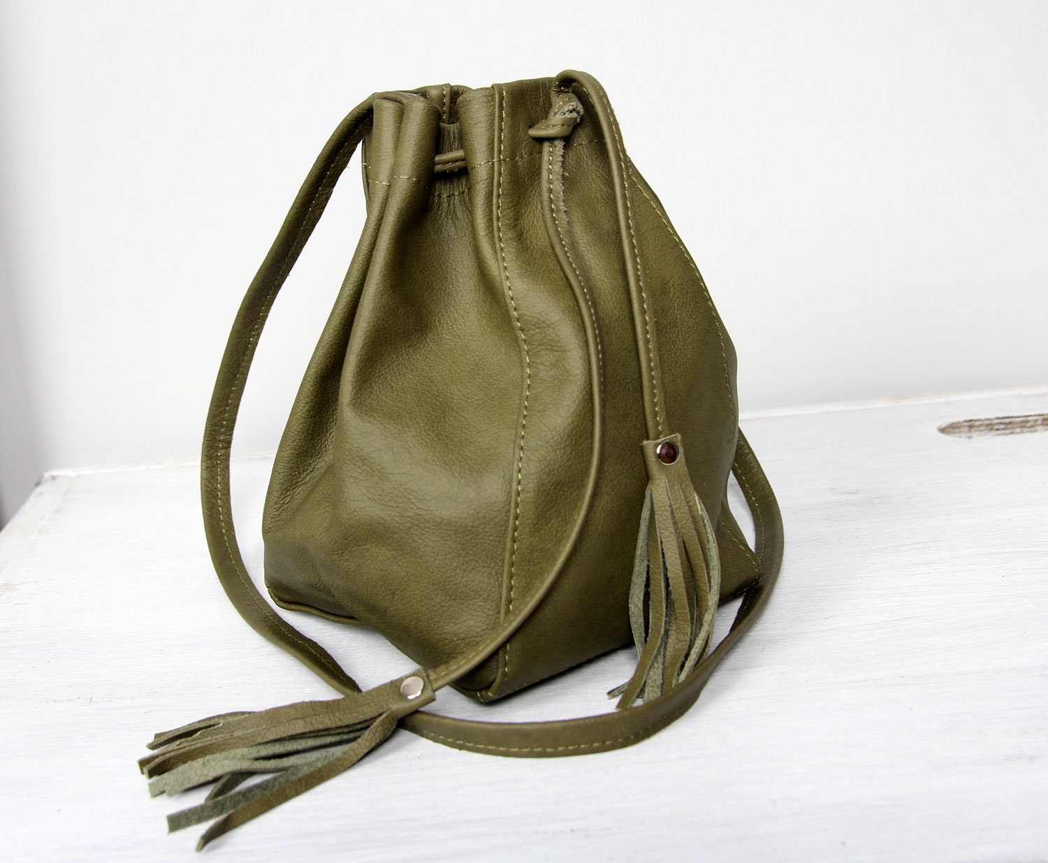 Mini Leather Shoulder Bag, Drawstring Bag, Mini Leather Bucket Bag ...