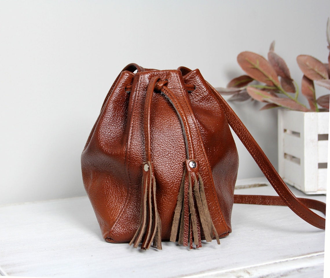 Leather Bucket Bag Drawstring Bag Leather Shoulder Bag | Etsy