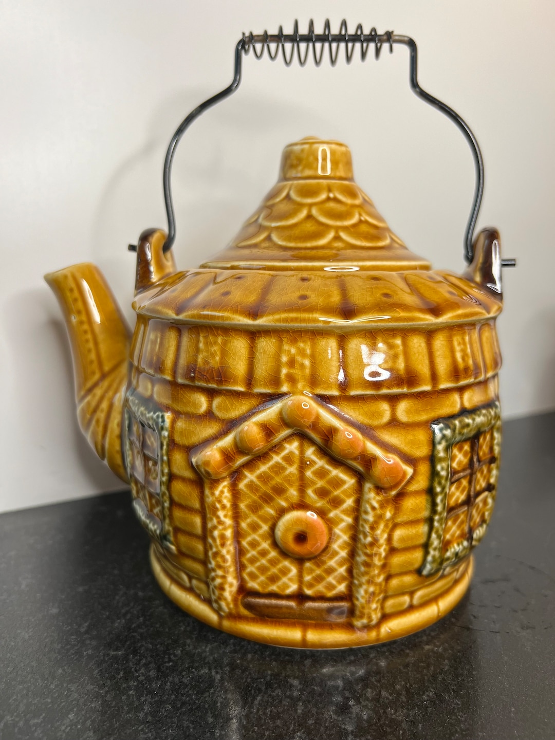 Vintage Brown Brick Cottage Teapot - Etsy