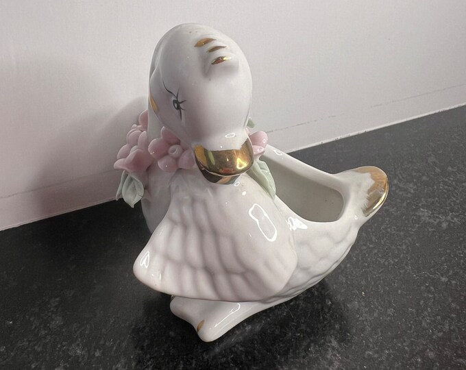 Vintage Porcelain Duck Vase With Pink Roses and Gold Details - Ring ...