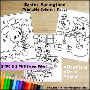 Kawaii Cute Easter Springtime Printable Coloring Pages, Bunny Rabbit ...