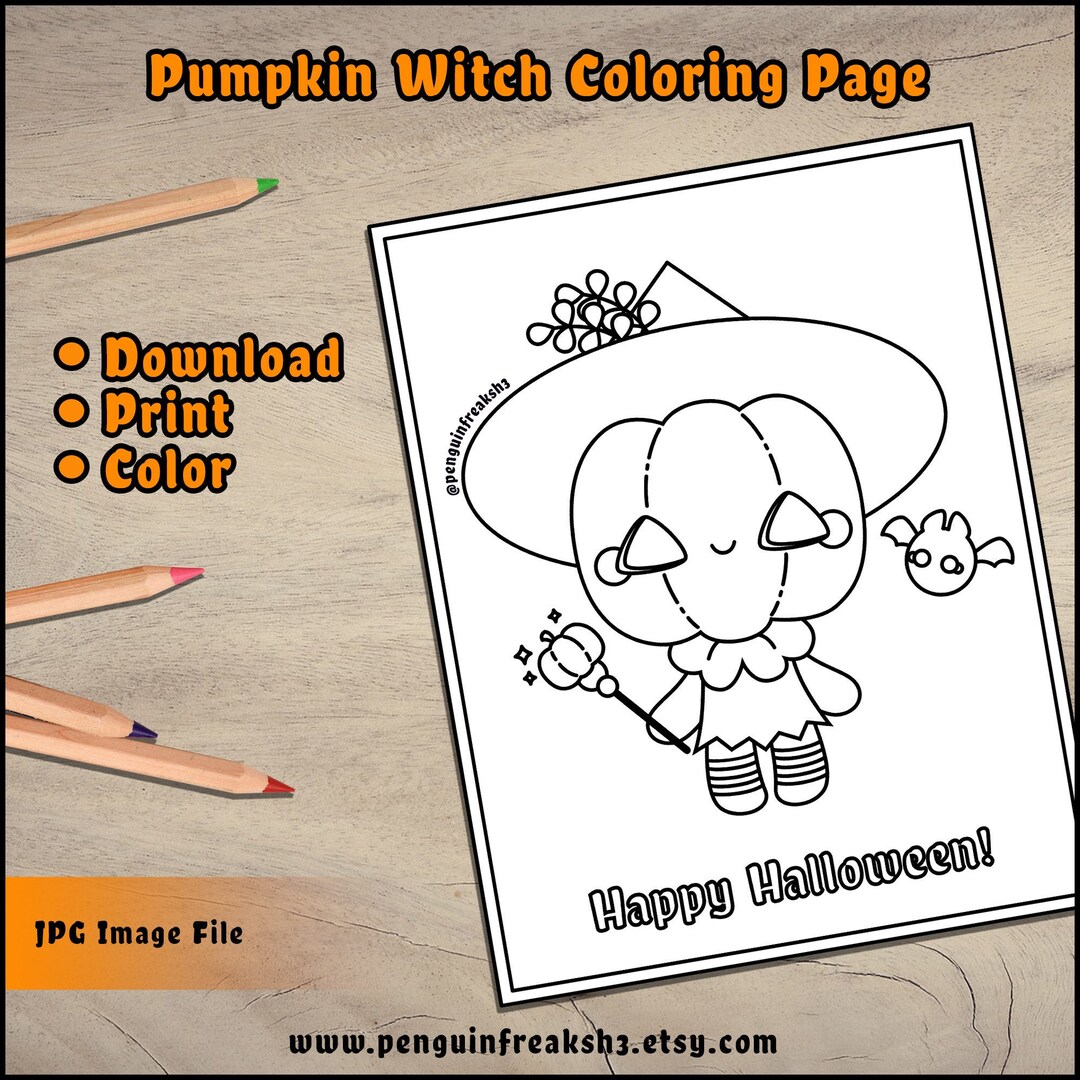 Kawaii Creepy Cute Pumpkin Witch Halloween Coloring Page, Kids Coloring ...