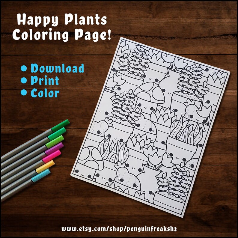 Happy Plants Coloring Page, Kawaii Cute Coloring Page, Mushroom ...