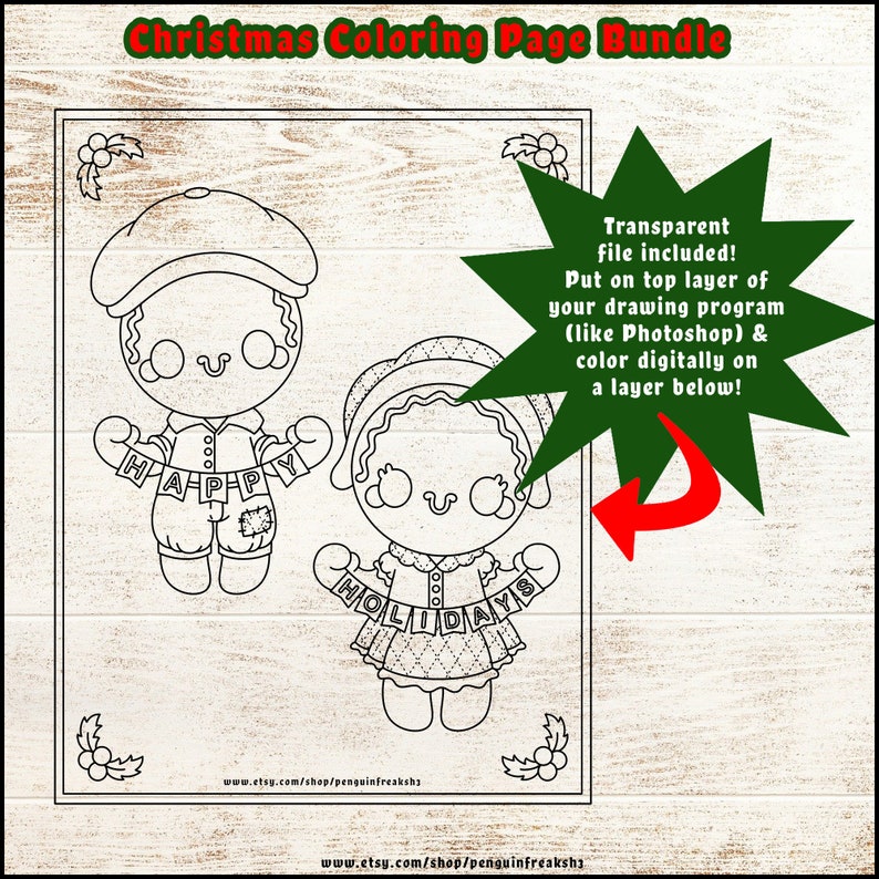 Cute Kawaii Christmas Holiday Printable Coloring Page Digital Bundle ...