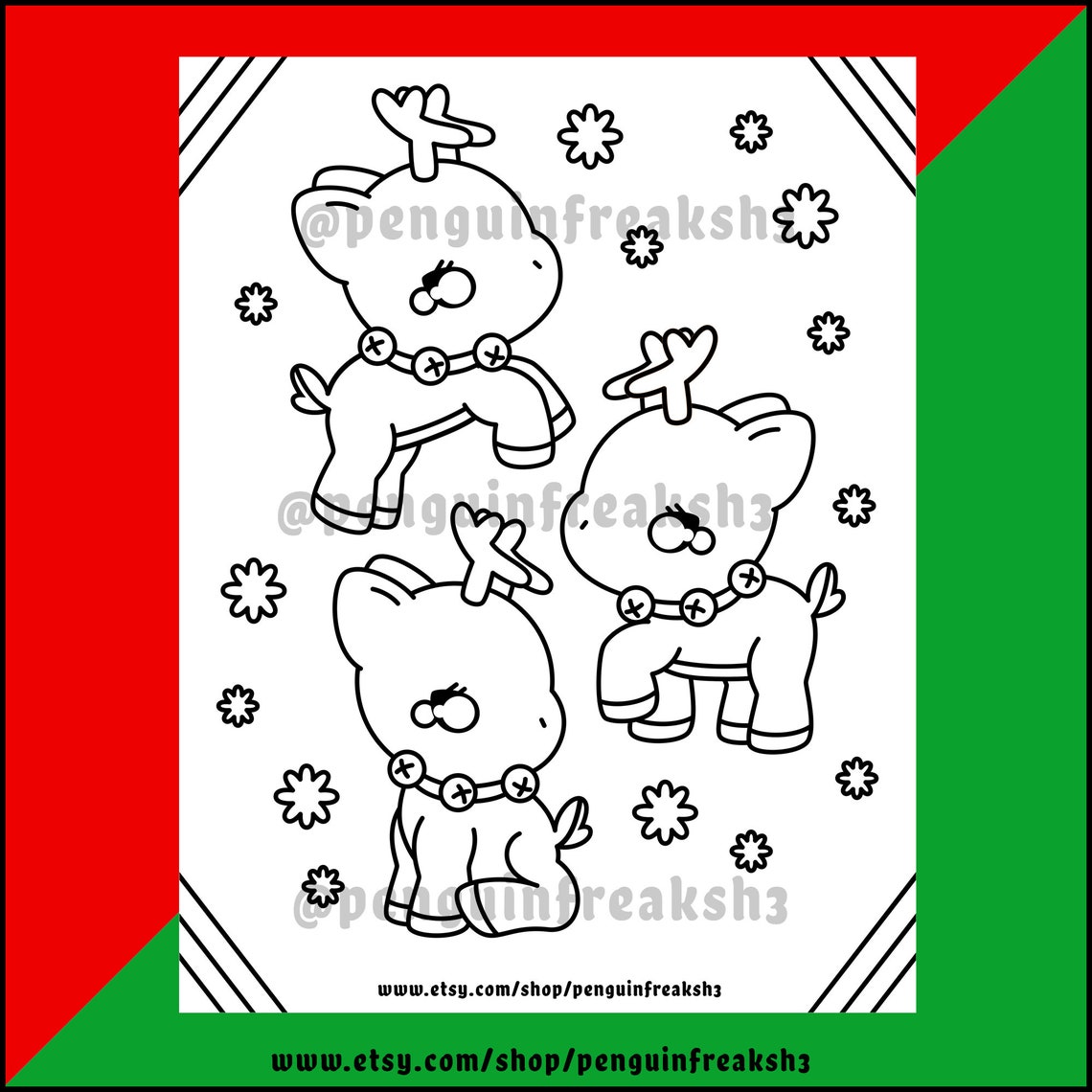 Kawaii Cute Reindeer Christmas Holiday Coloring Pages, Fun, Printable ...