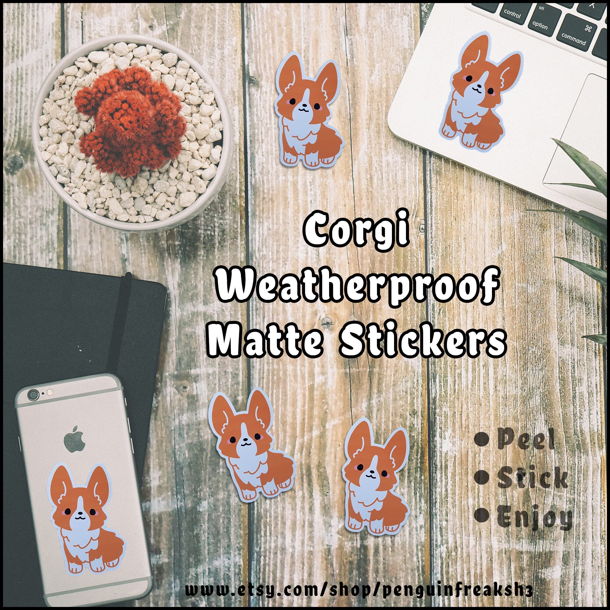 Corgi Weatherproof Matte Stickers, Kawaii Cute Dog Sticker, Animal ...