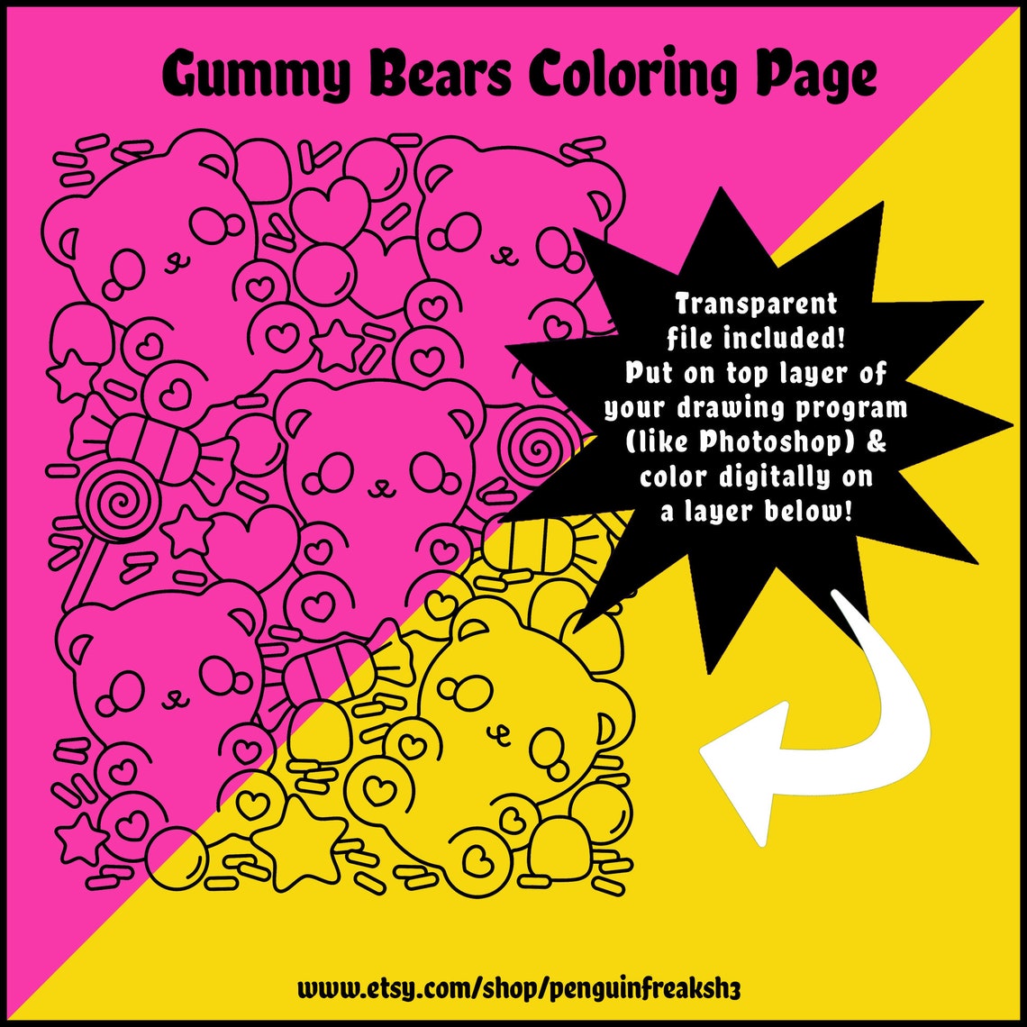 Gummy Bear Candy Coloring Page, Kids Digital Printable Sweet Treats ...