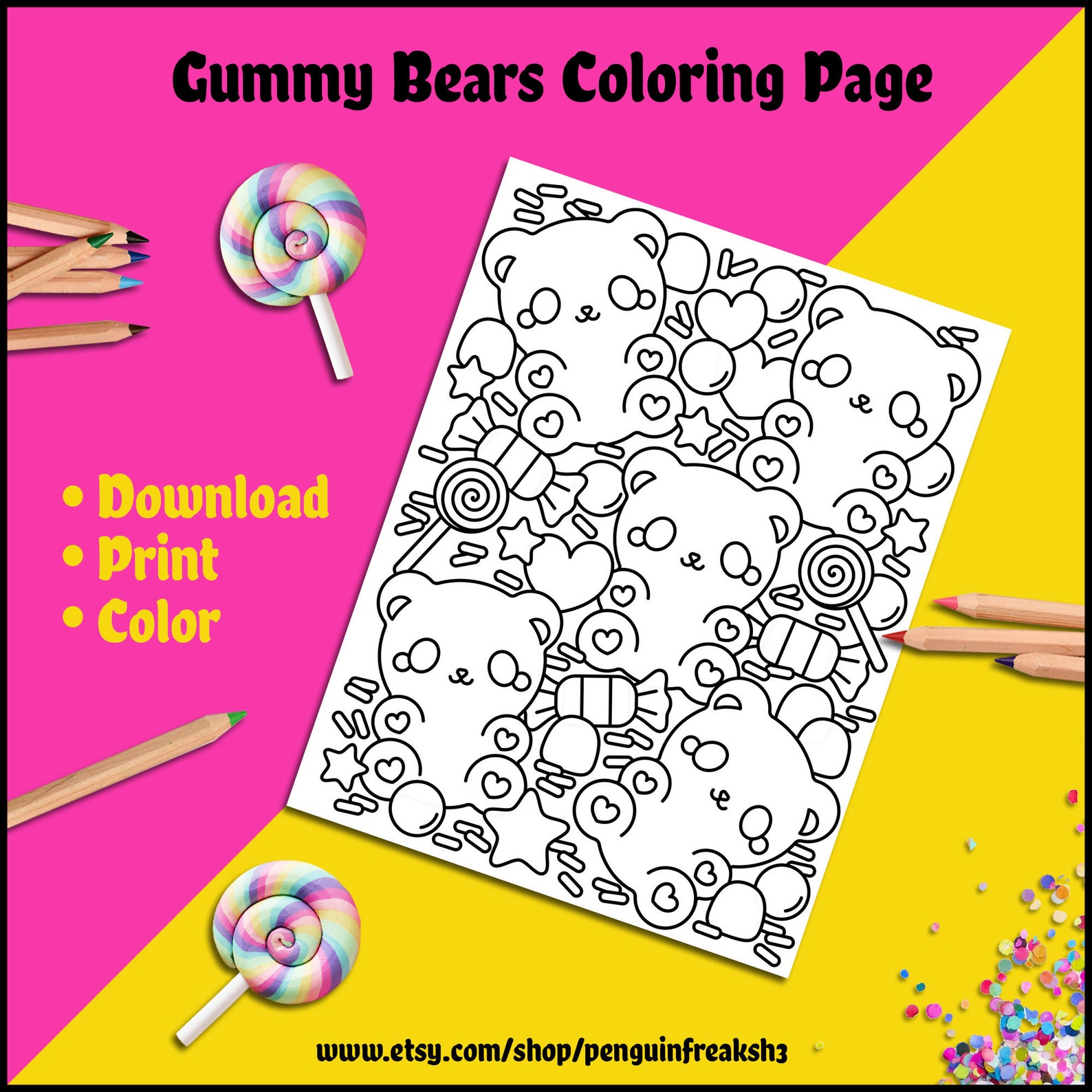 Gummy Bear Candy Coloring Page, Kids Digital Printable Sweet Treats ...