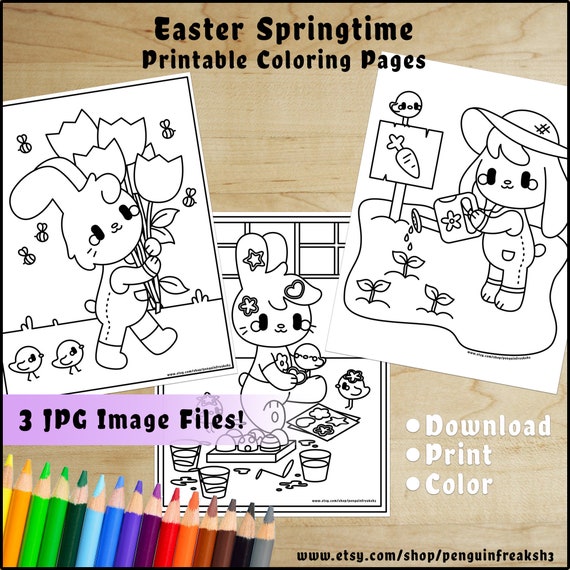 Kawaii Cute Easter Springtime Printable Coloring Pages Bunny | Etsy