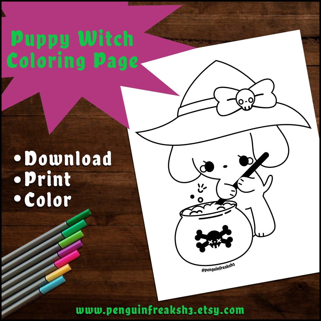 Puppy Witch Halloween Printable Coloring Page - Etsy