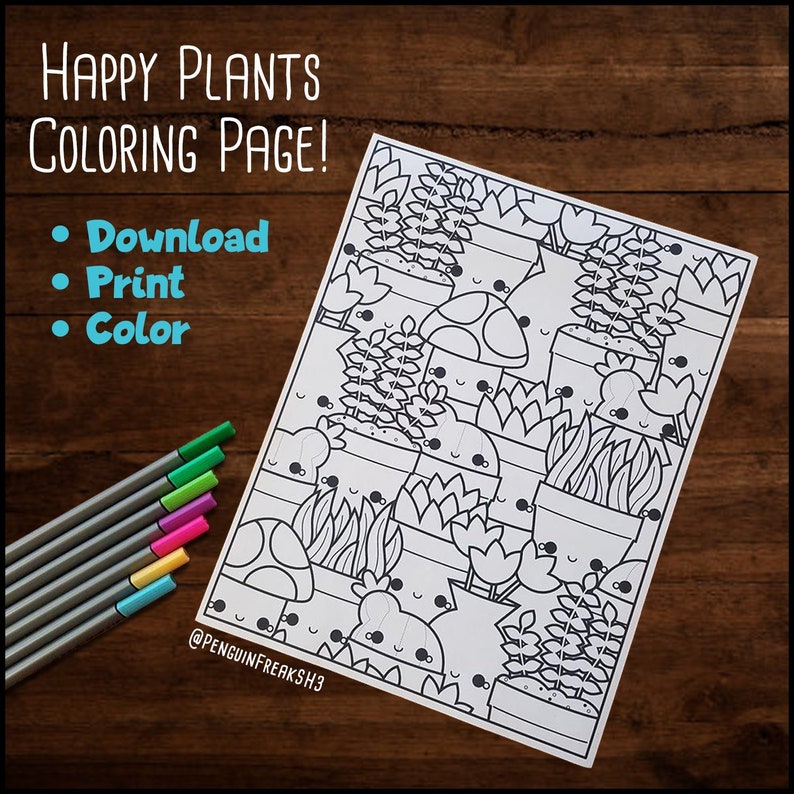 Cute Happy Plants Printable Coloring Page - Etsy