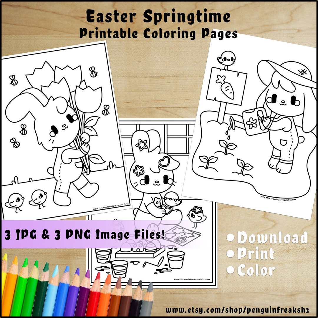 Kawaii Cute Easter Springtime Printable Coloring Pages, Bunny Rabbit ...