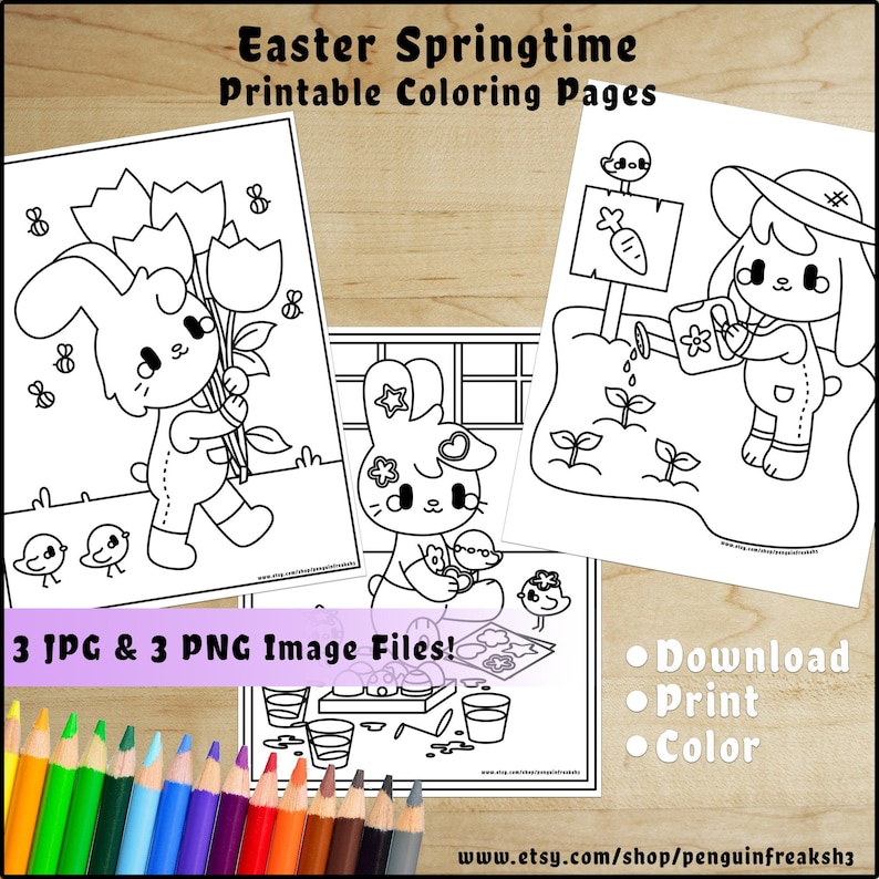 Kawaii Cute Easter Springtime Printable Coloring Pages, Bunny Rabbit ...