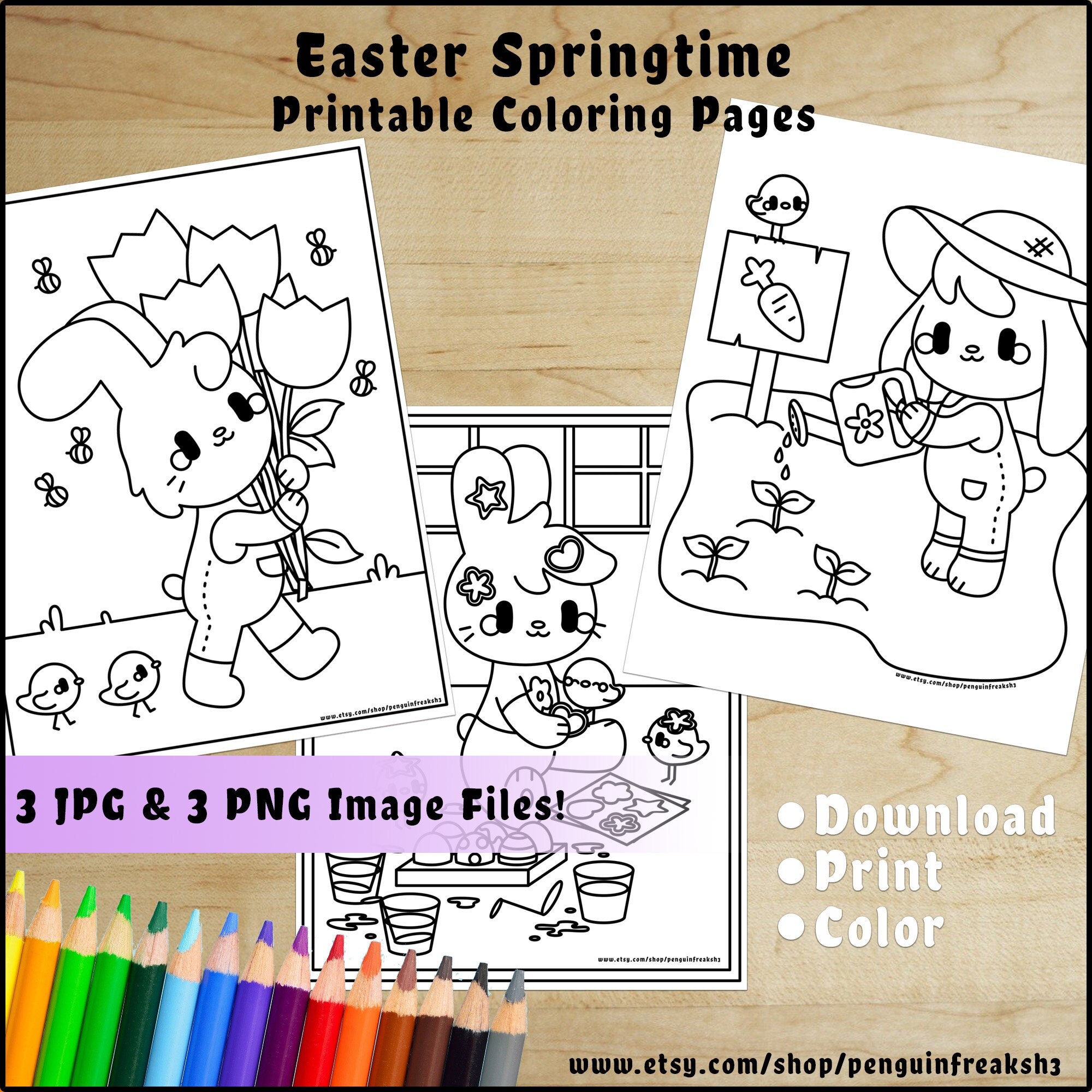 Kawaii Cute Easter Springtime Printable Coloring Pages, Bunny Rabbit ...