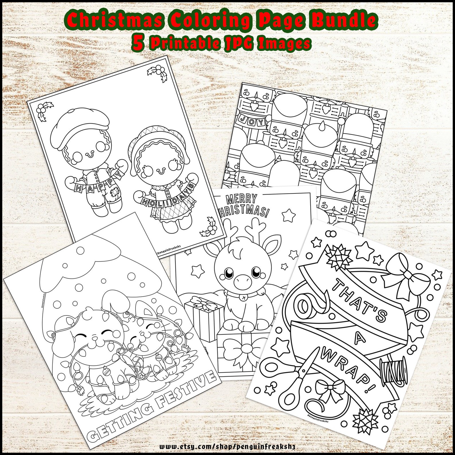 Cute Kawaii Christmas Holiday Printable Coloring Page Digital Bundle ...