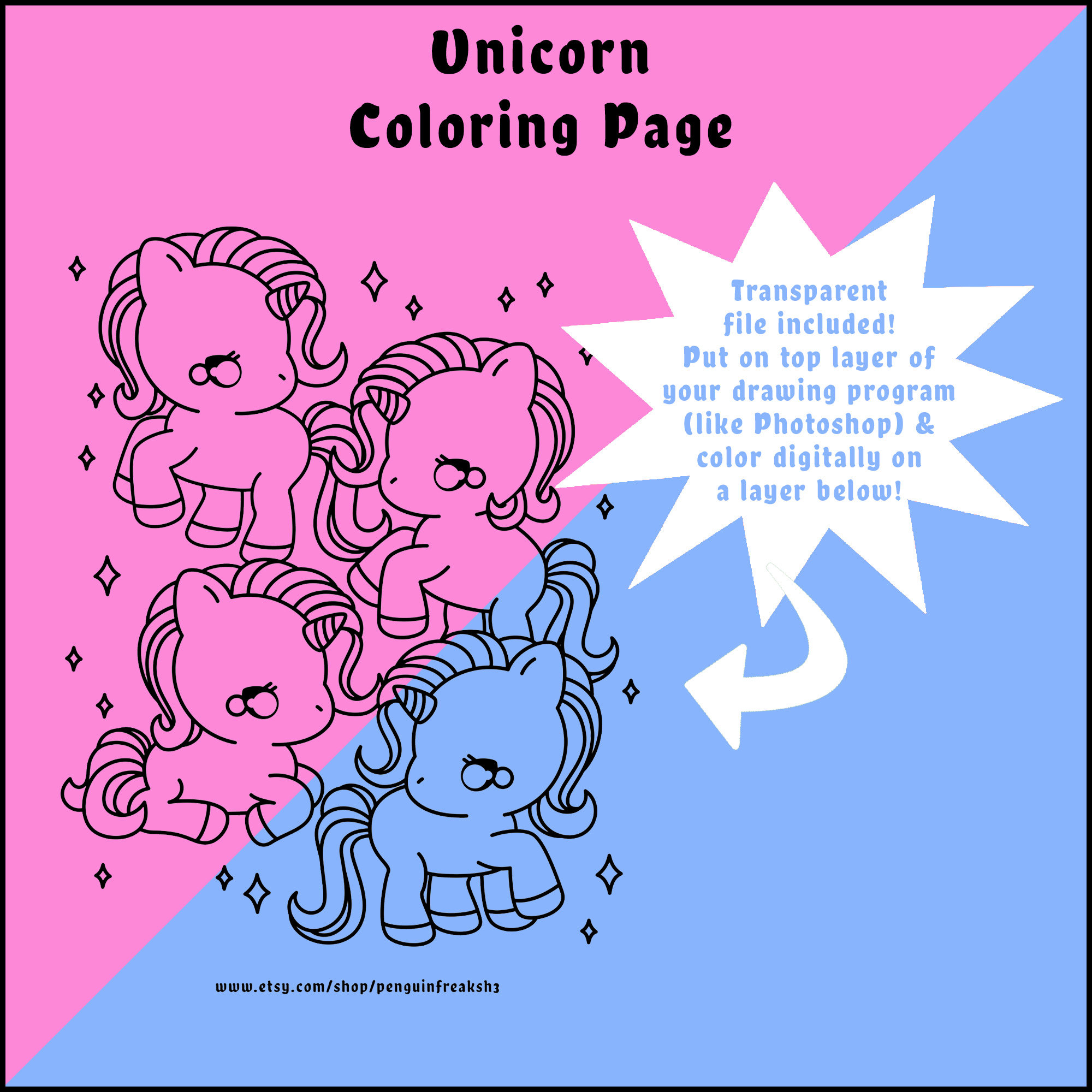 Cute Kawaii Unicorn Printable Coloring Page, Magical Fantasy Coloring ...