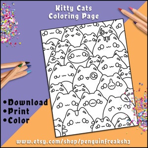 Kitty Cats Coloring Page Digital Download, Cute Kawaii Coloring Page ...