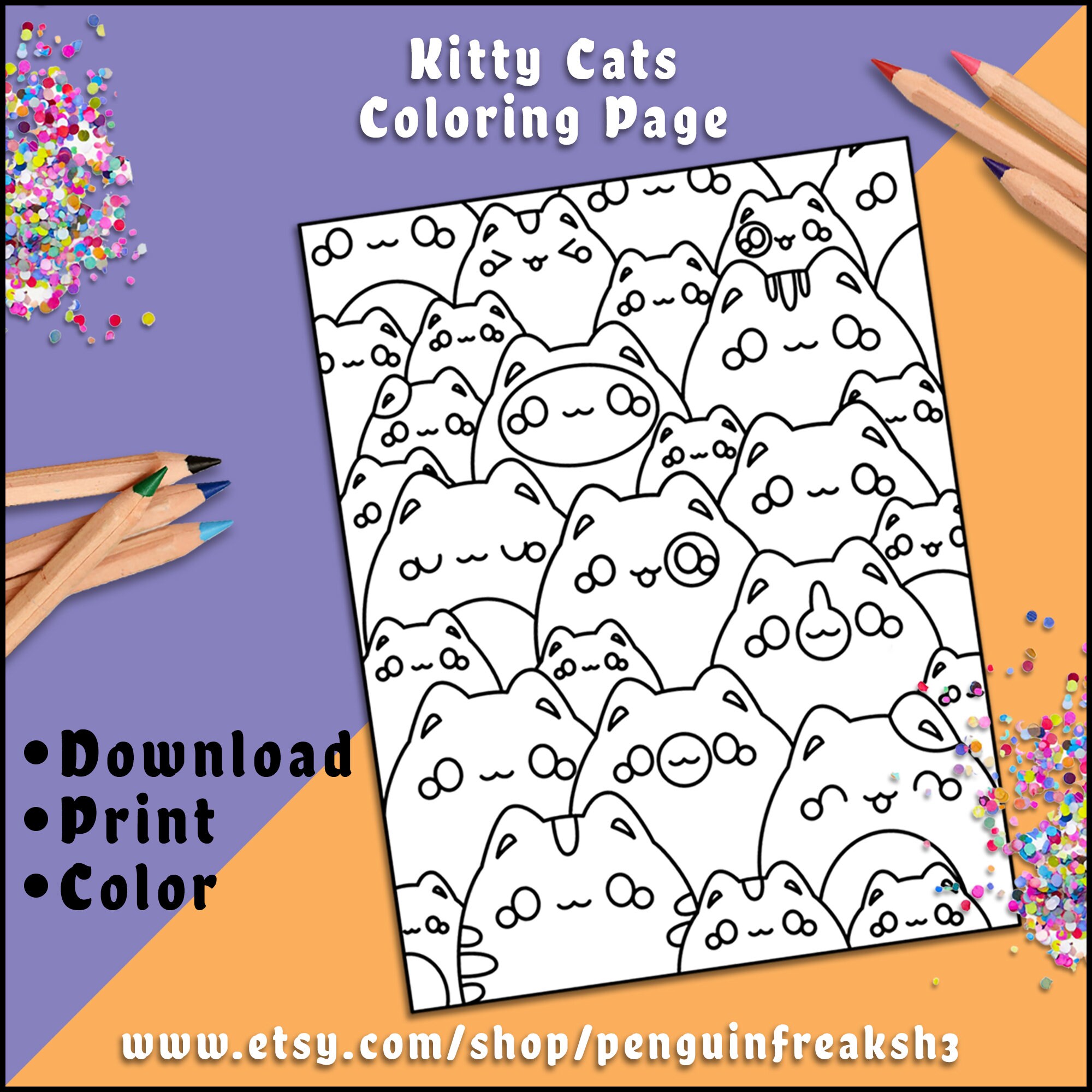Kitty Cats Coloring Page Digital Download, Cute Kawaii Coloring Page ...