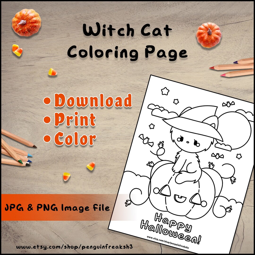 Witch Cat Halloween Printable Coloring Page - Etsy