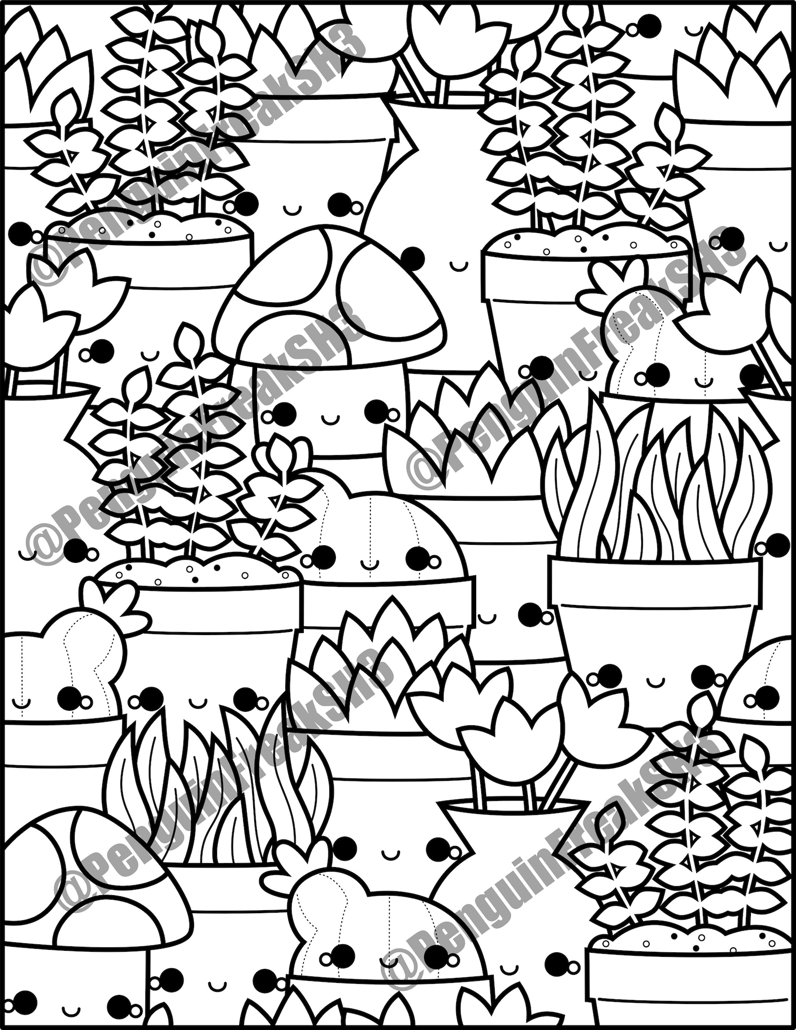 Cute Happy Plants Printable Coloring Page - Etsy