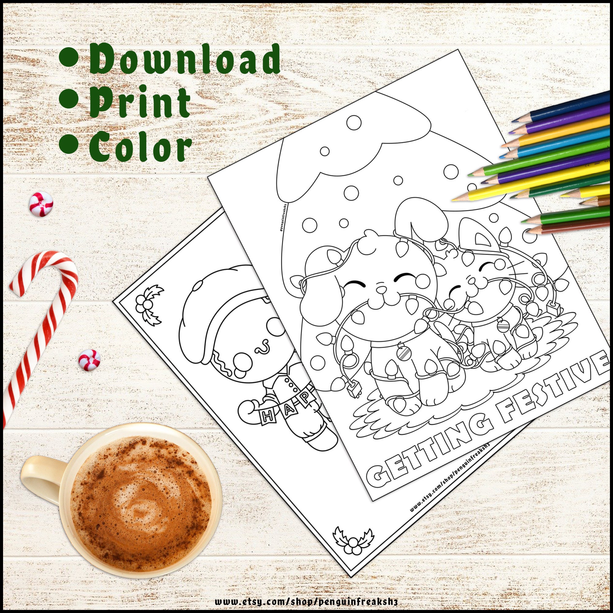 Cute Kawaii Christmas Holiday Printable Coloring Page Digital Bundle ...