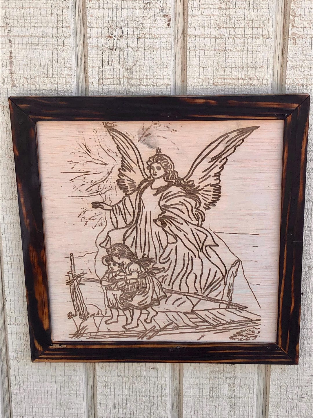 Handmade Rustic Wooden Engraved Guardian Angel Frame - Etsy