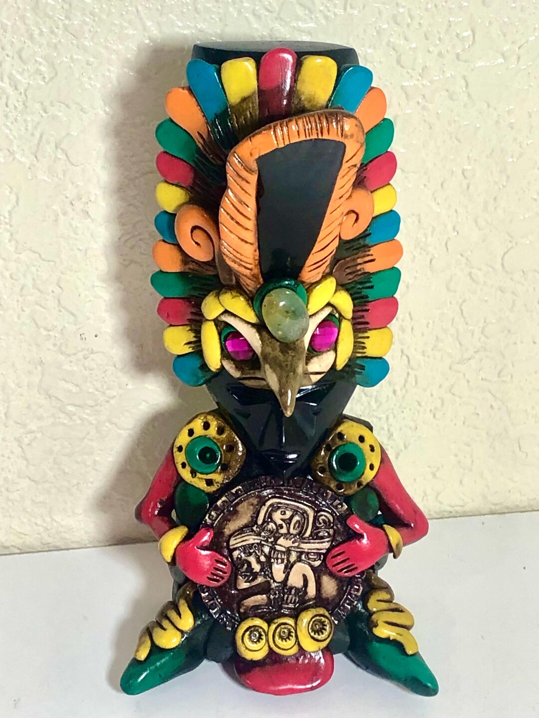 Aztec Eagle Warrior Solid Obsidian Statue - Teotihuacan Decorated ...