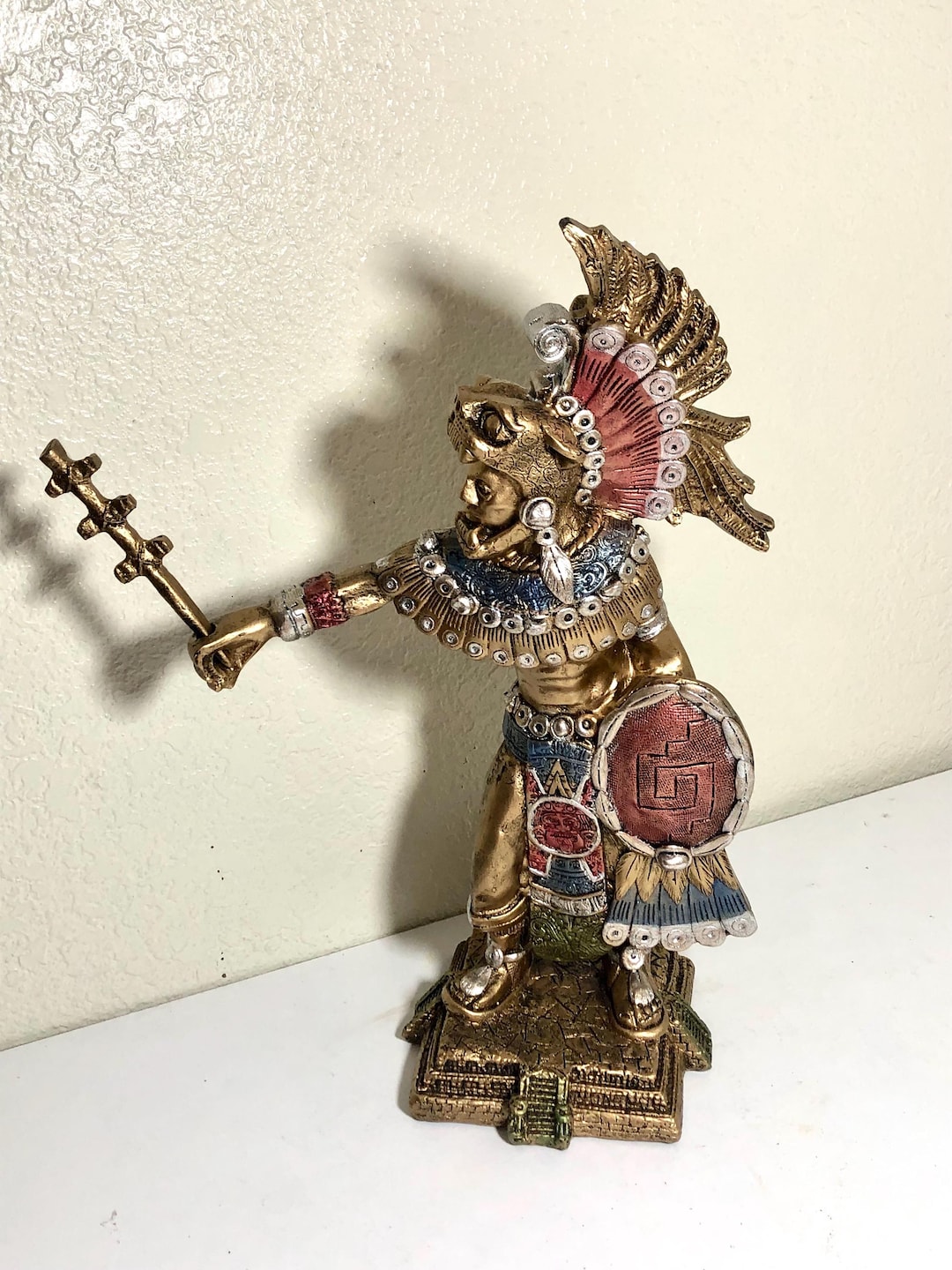 Aztec Jaguar Warrior With Weapon & Shield- Features Aztec Calendar on ...