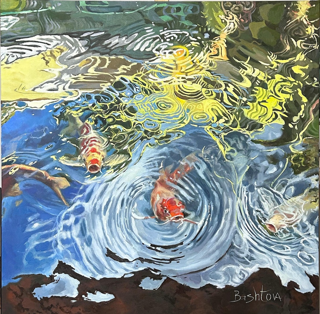 Koi Fish Oil Painting: Water Reflection Art Abstract Wall Decor ...