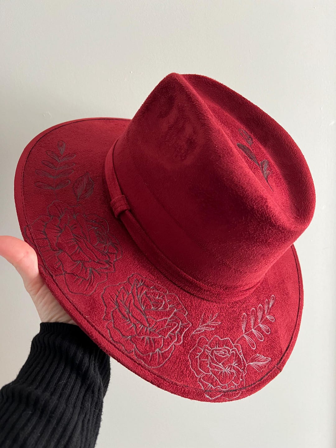 Hand Burned Red Vegan Suede Rose Hat - Etsy
