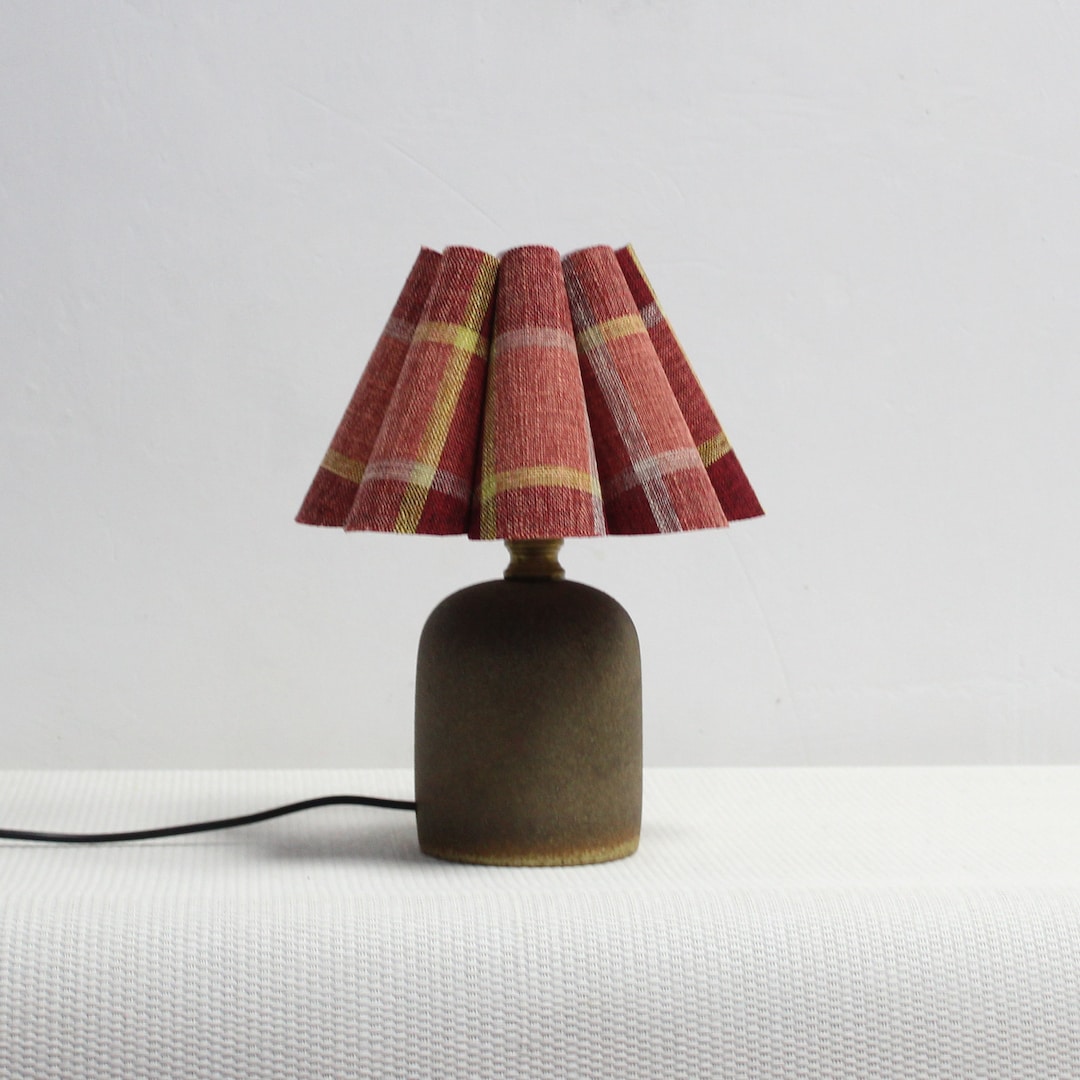 Handmade Red Plaid Fabric Lamp With Brown Ceramic Base for Home Decor ...