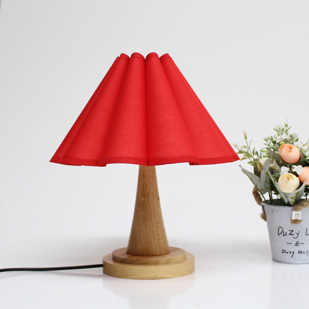 Handmade Red Fabric Table Lamp With Wooden Base - Etsy