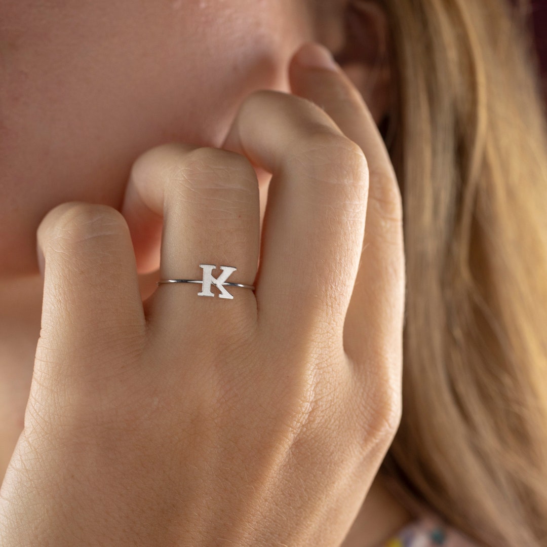 Sterling Silver Custom Initial Ring Women's Day Gift for Her Silver Initial Gothic Stacking Ring ...