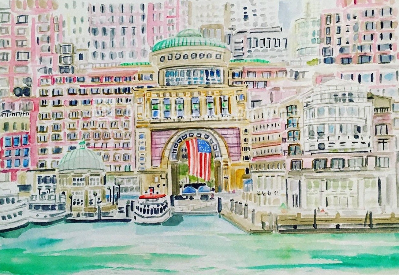 Boston Harbor Hotel Horizontal Watercolor Print.a Beautiful Replica of ...