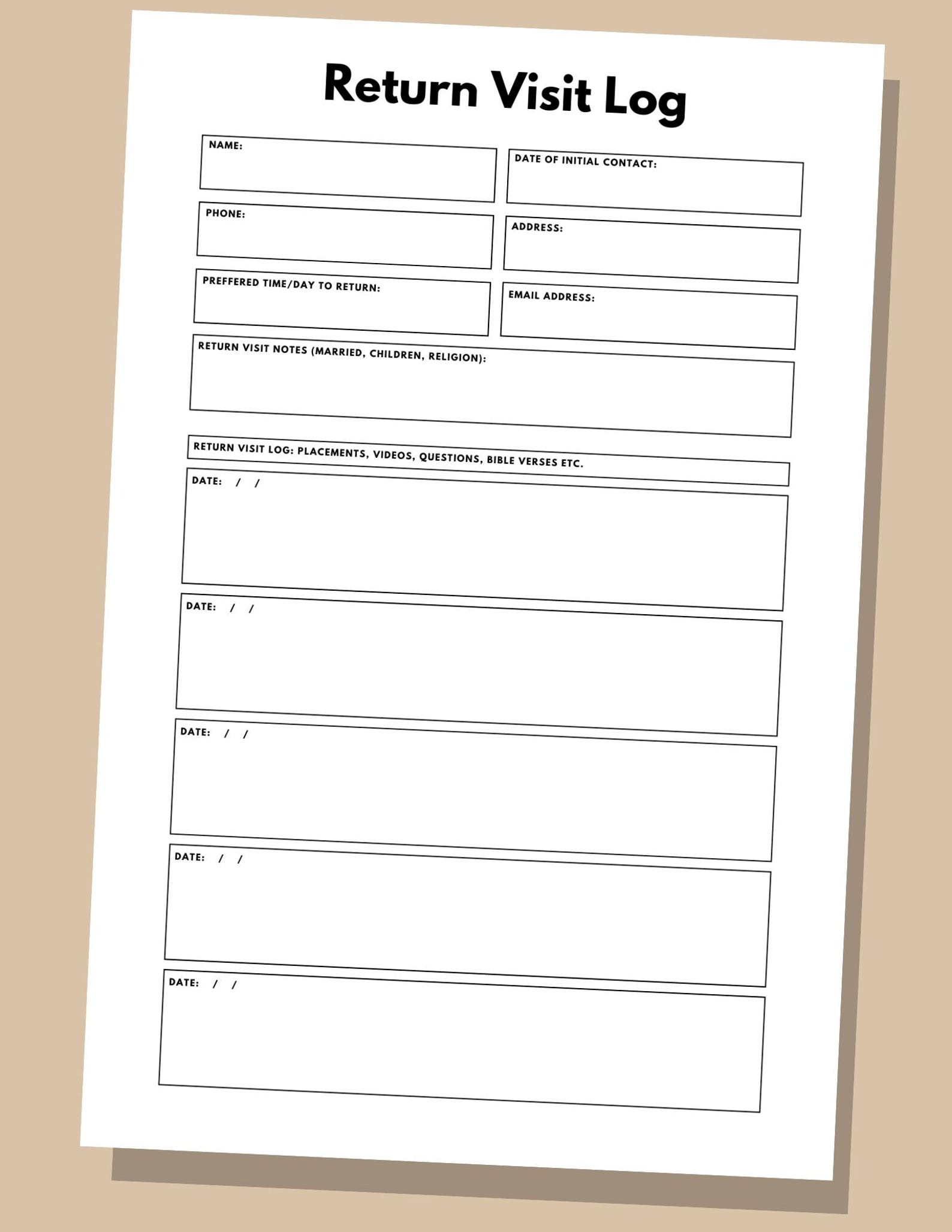 Printable Return Visit Log for Jehovah's Witnesses – Field Service ...
