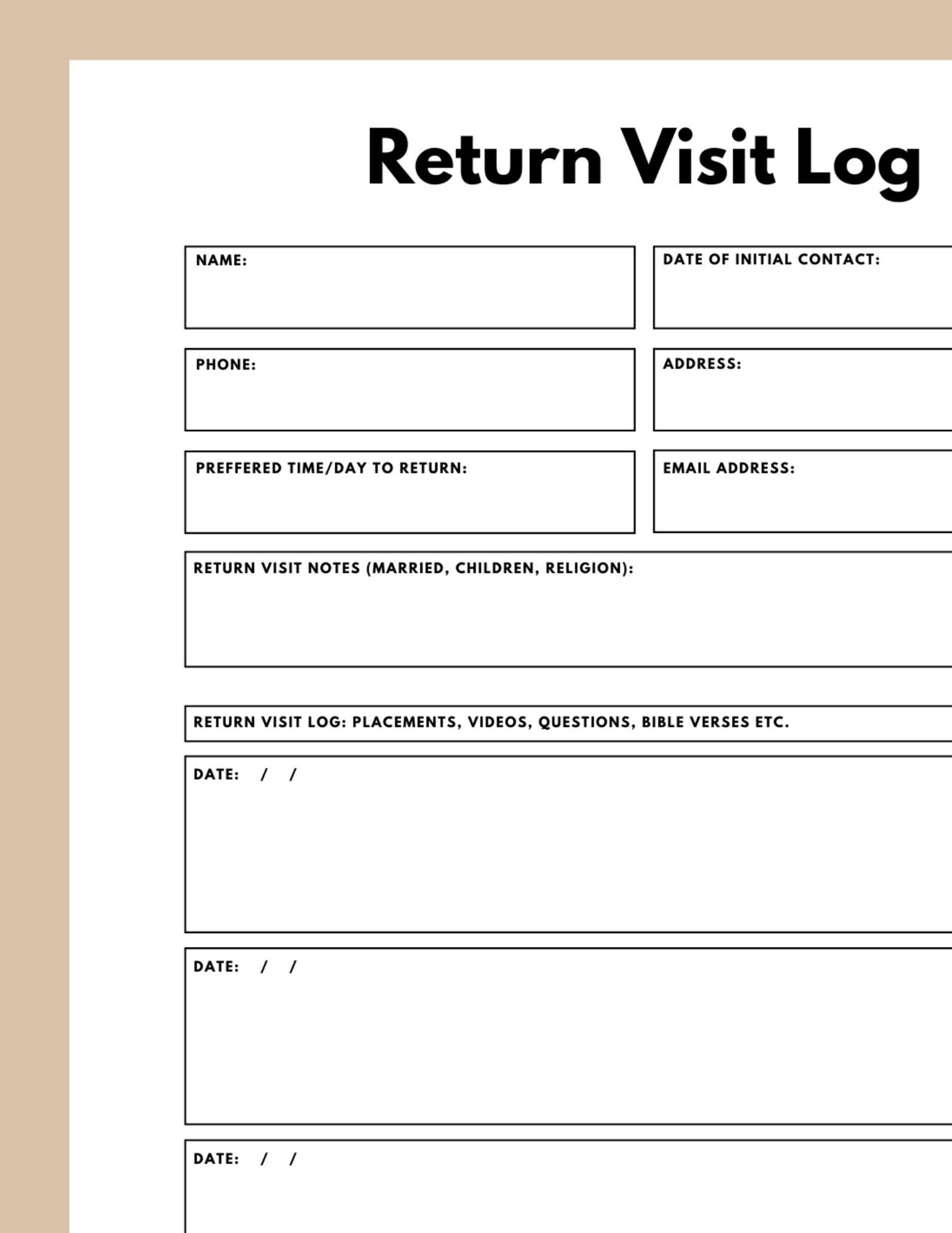 Printable Return Visit Log for Jehovah's Witnesses – Field Service ...