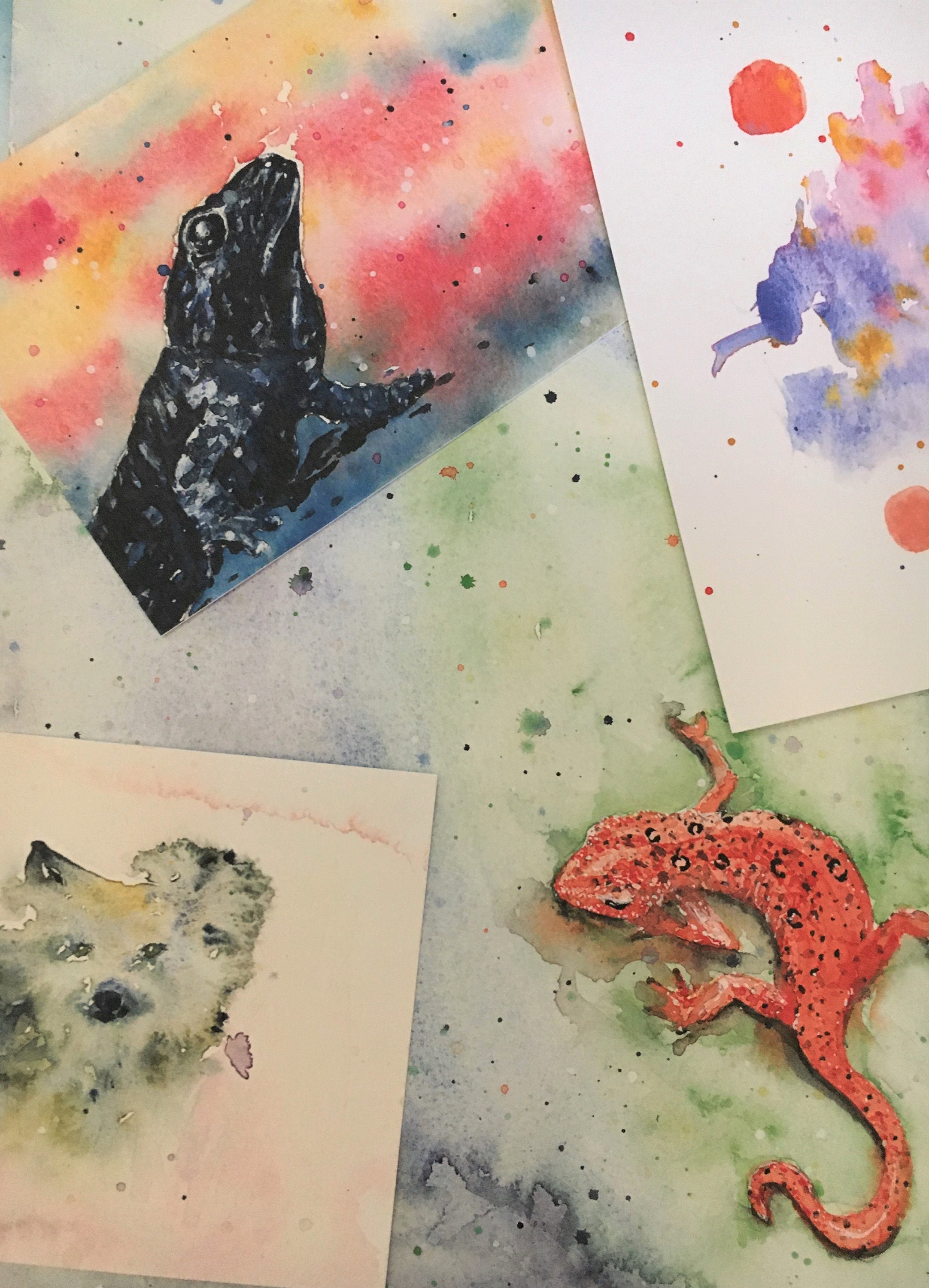 Watercolor Wildlife Art Print, Red Spotted Newt on a Wild Rose Leaf ...