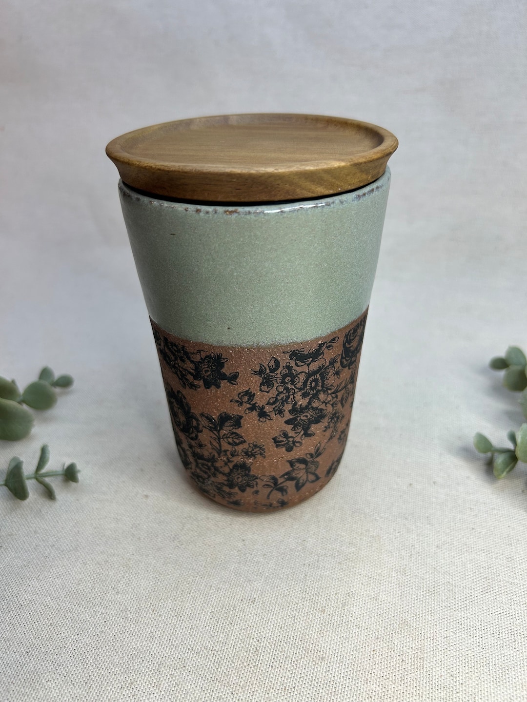 Wood Lid Ceramic Jar With Floral Decal - Etsy