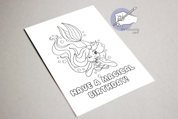 Printable Happy Birthday Colouring Card Mermaid Birthday Card - Etsy