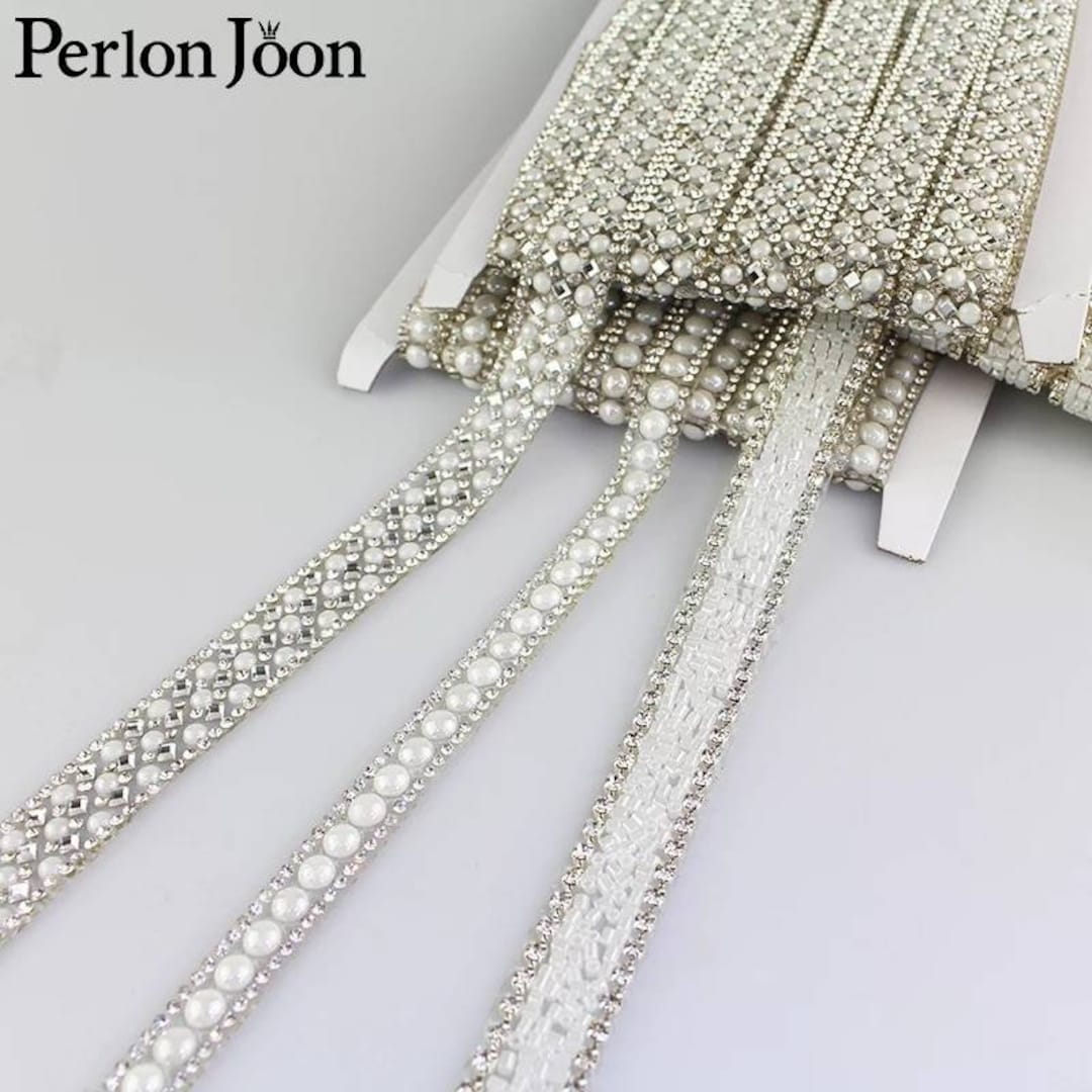 Hot Fix PEARL 1-5 YARDS Rhinestone Wedding Bridal Sash Applique Edge ...