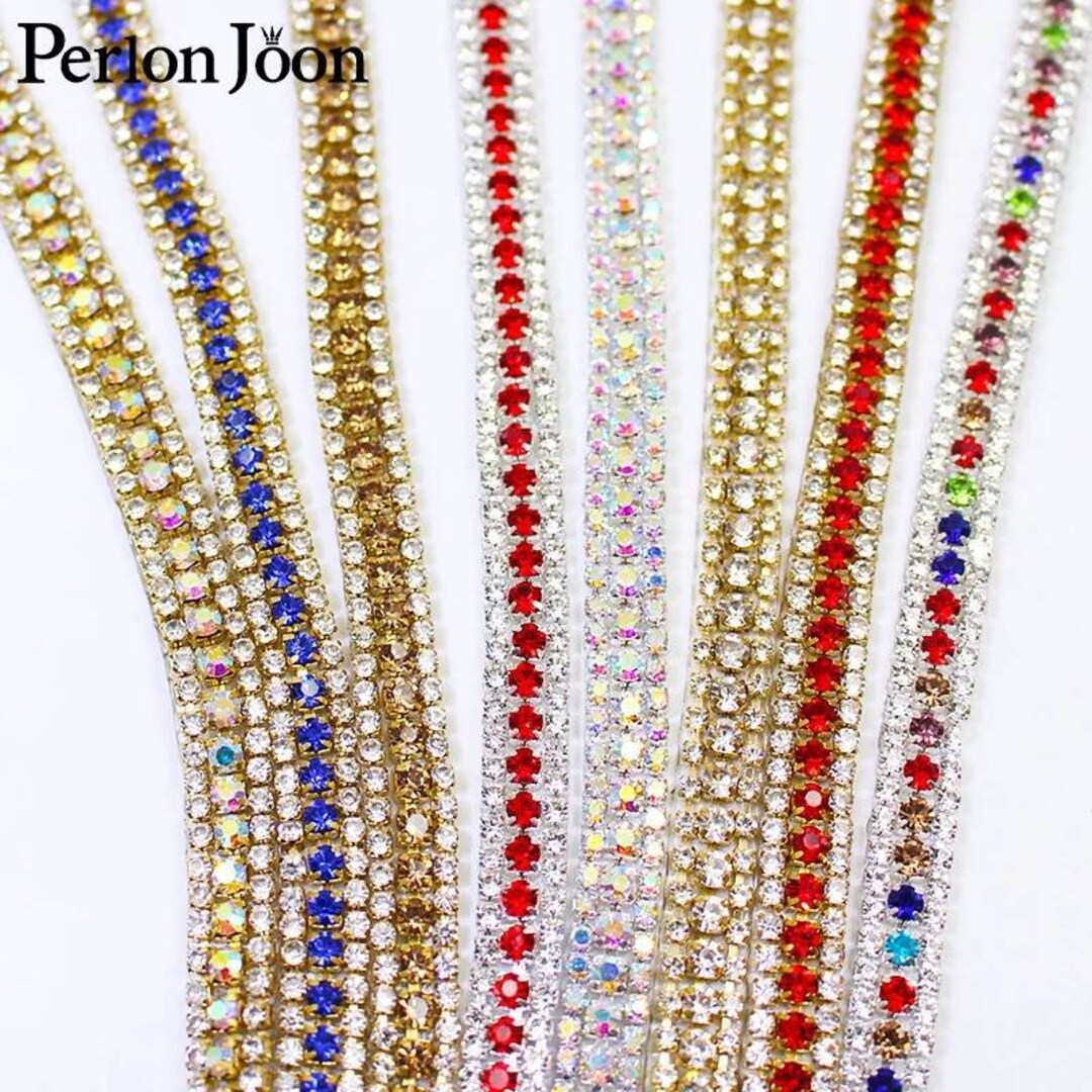 HOT FIX 3 Row 1-5 YARDS Colorful Bright Trim Rhinestone Iron on Hotfix ...