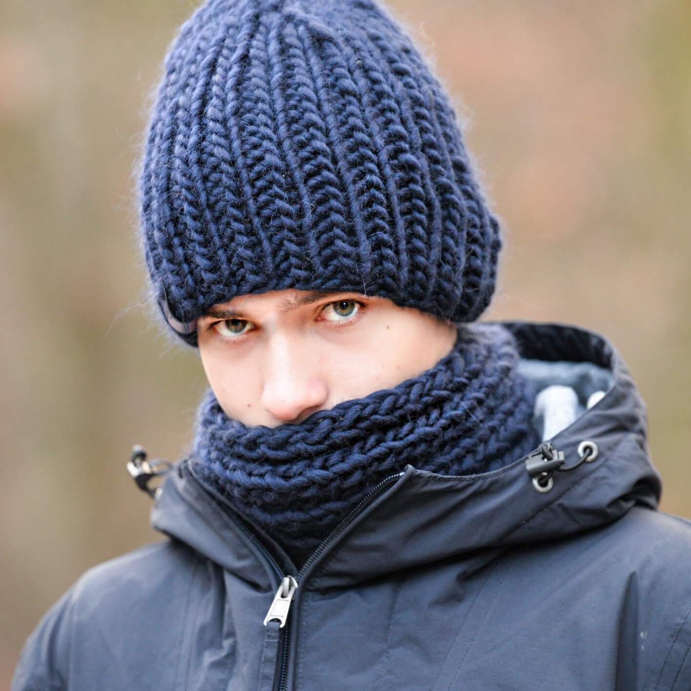 Men's Hat and Cowl, Men's Beanie and Scarf, Set Beanie Scarf for Men ...