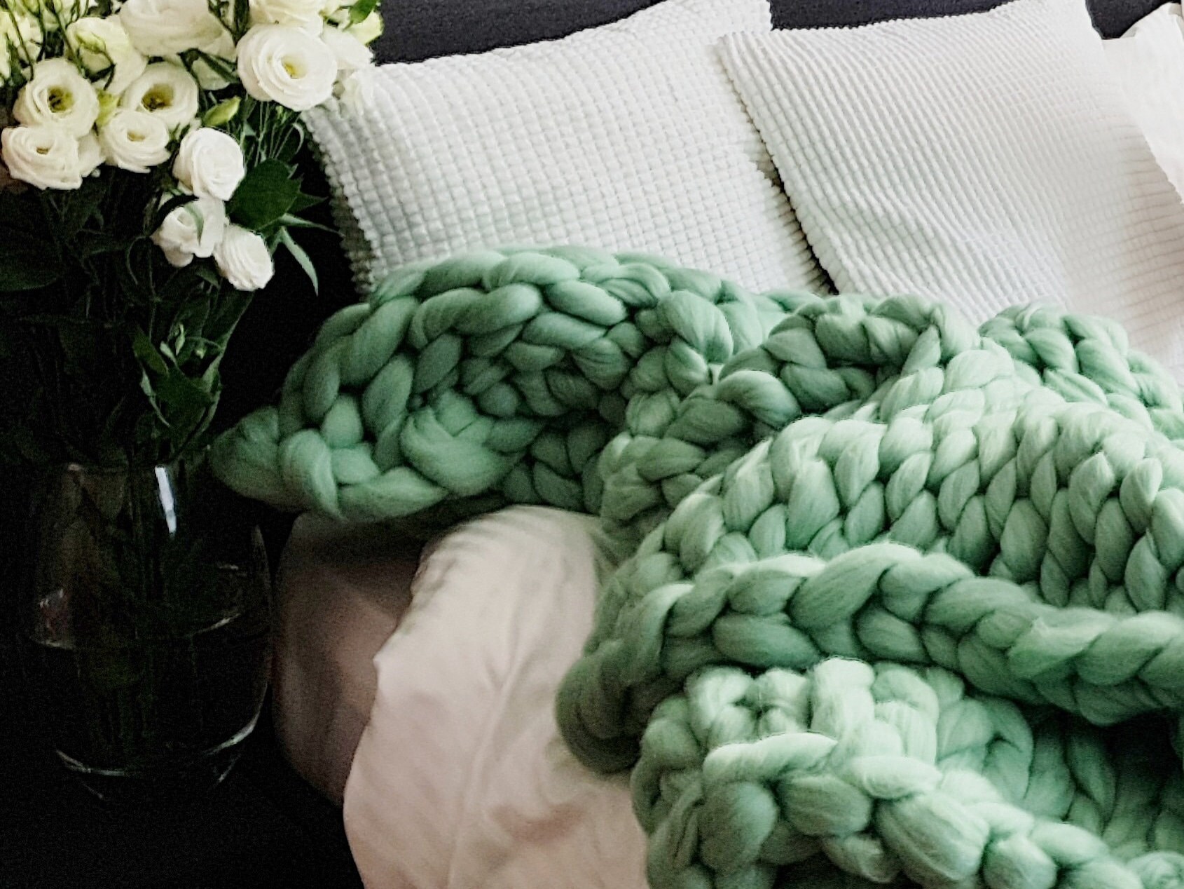 Mint Chunky Knit Throw, Mint Chunky Knit Blanket, Mint Wool Blanket ...