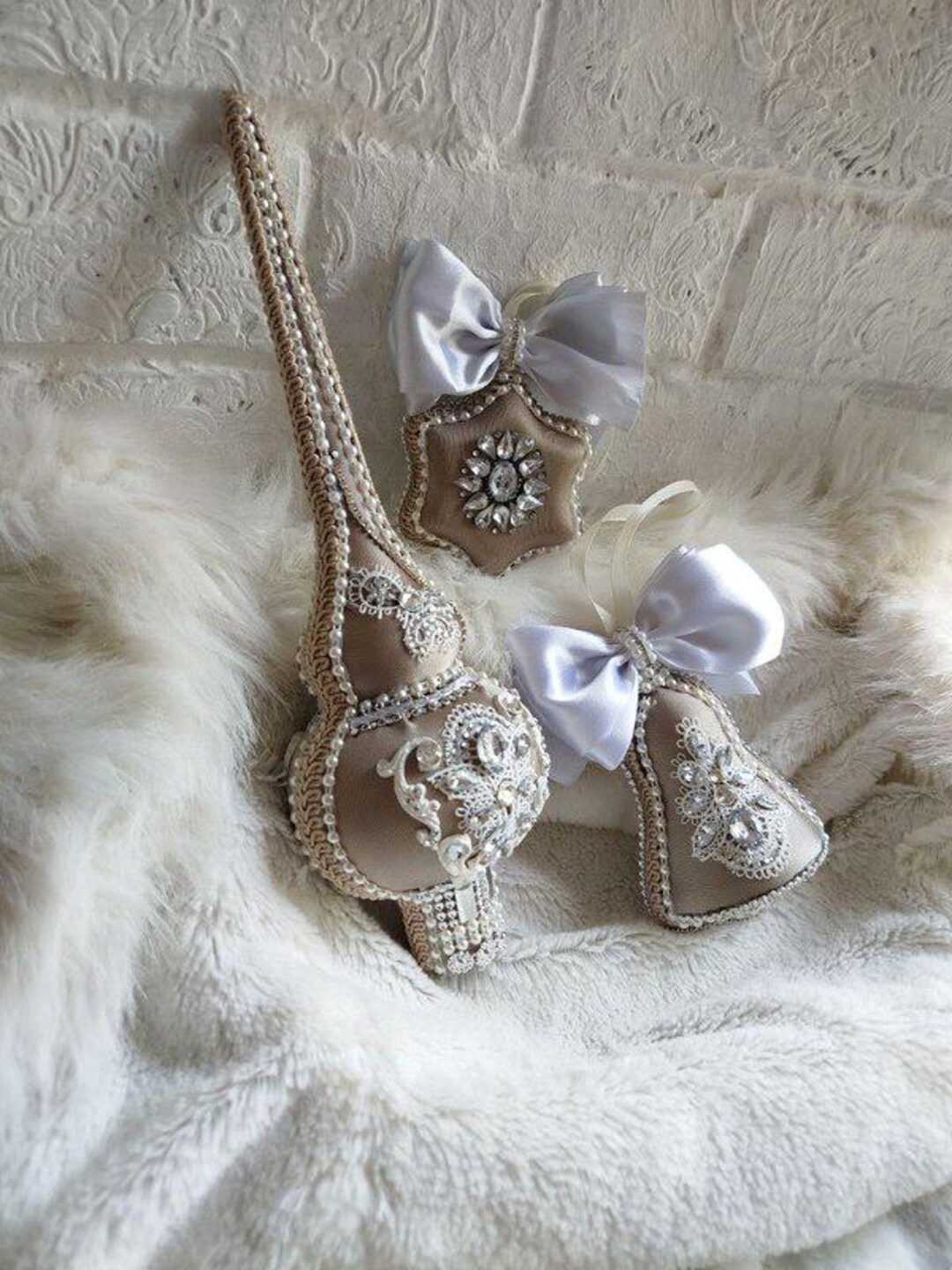 Set of 2 Christmas Tree Decorations and Topper Bell and Star With Bows ...